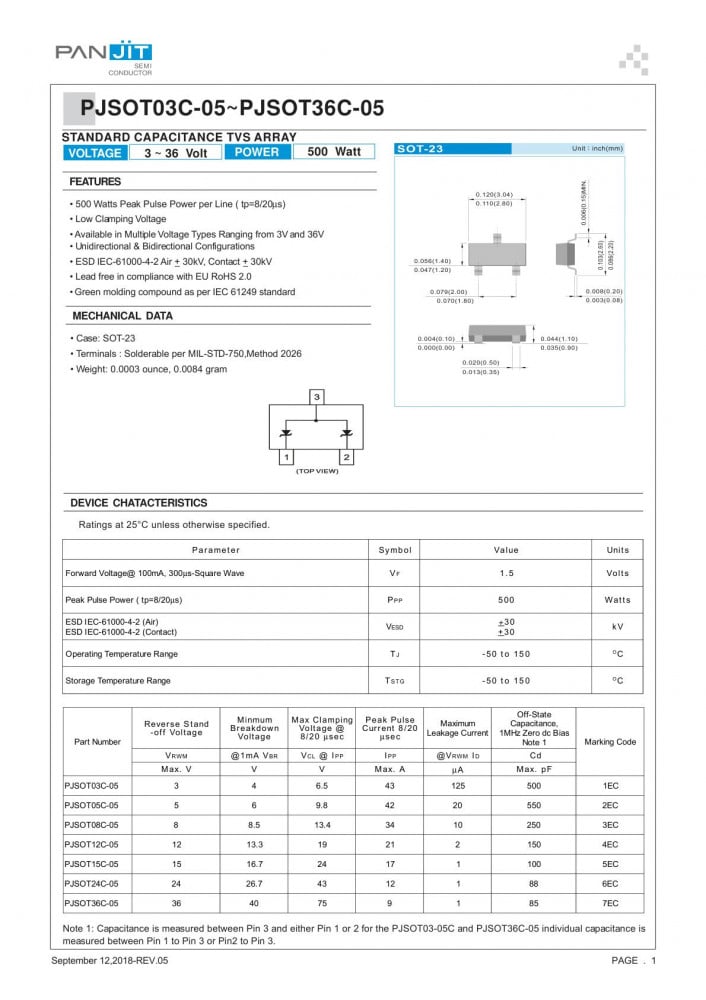 PJSOT08C-05 datasheet page 1
