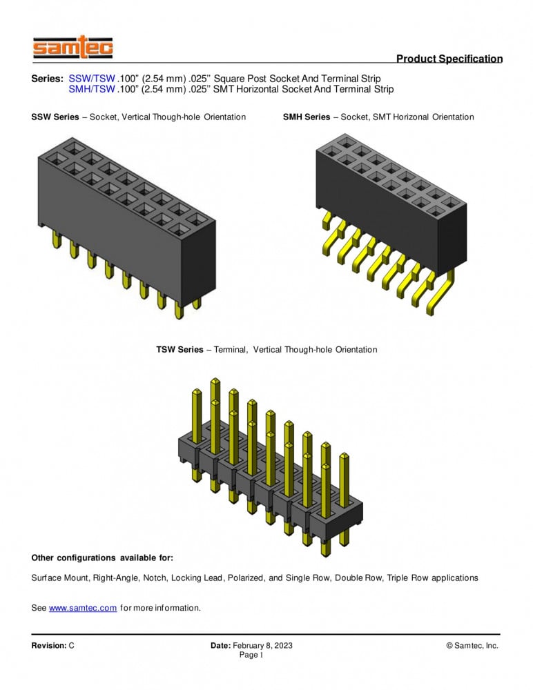 Samtec SSW TSW specification page 1