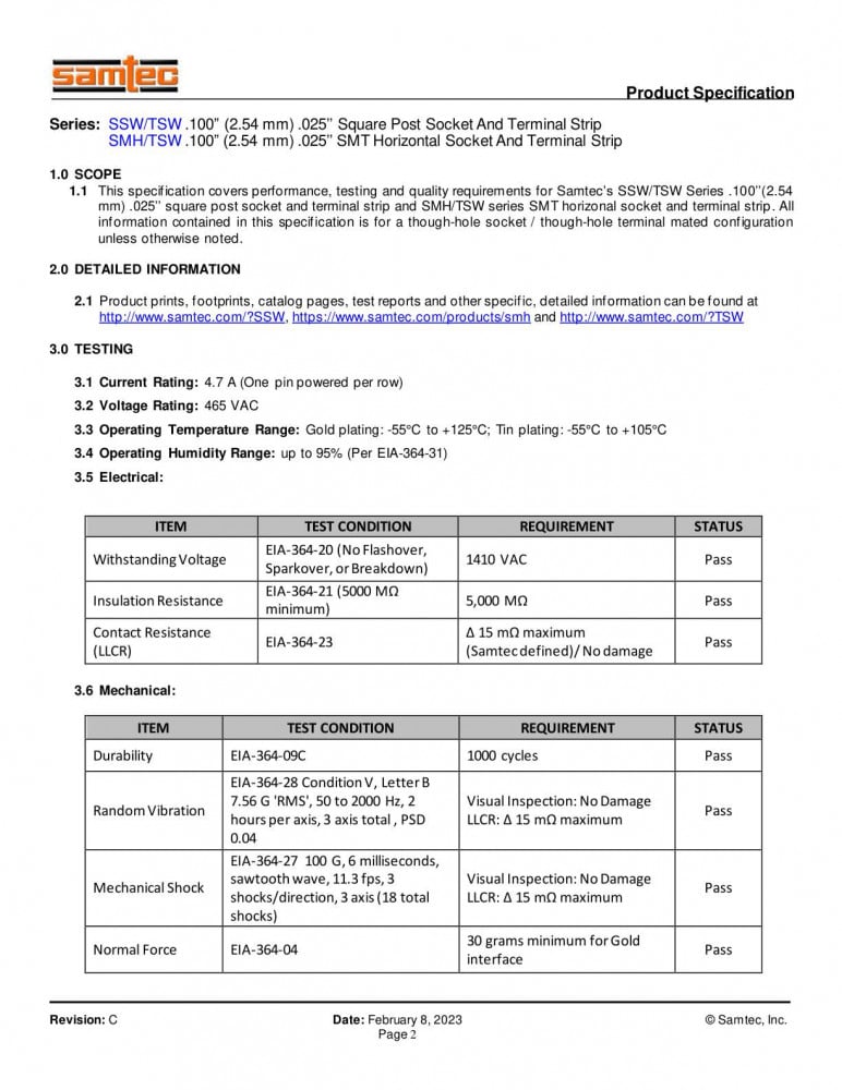 Samtec SSW TSW specification page 2