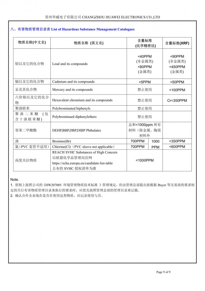 Product specification page 9