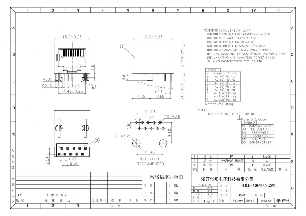 CAX RJ58-10P10C-QSWL technical document preview