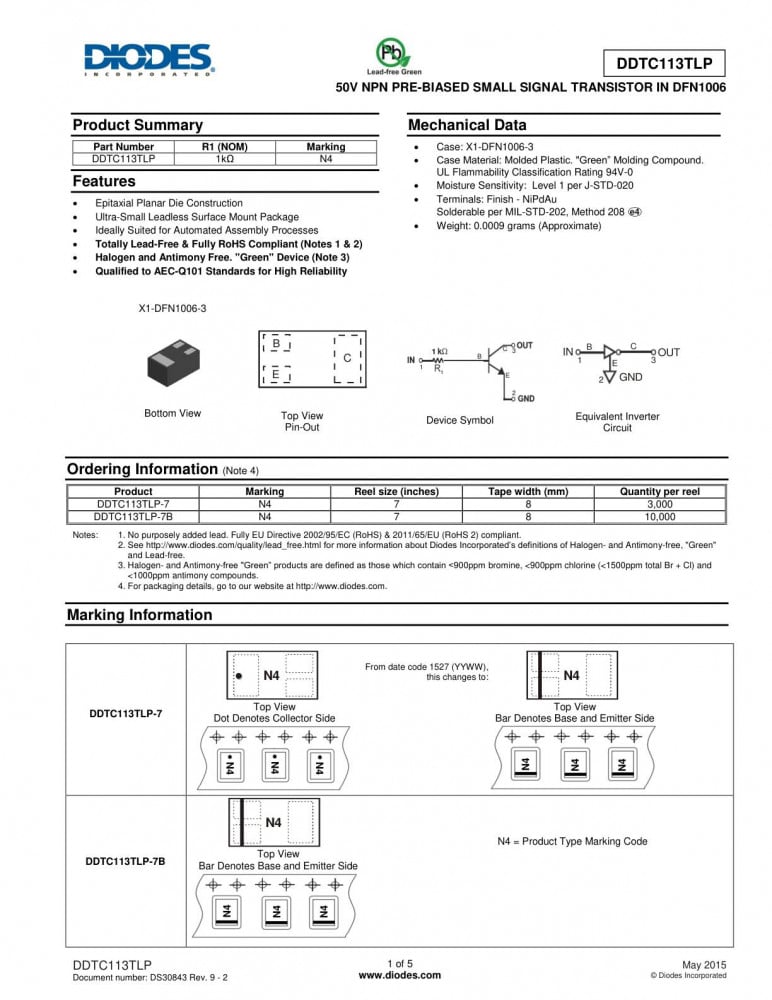 DDTC113TLP-7 datasheet page 1