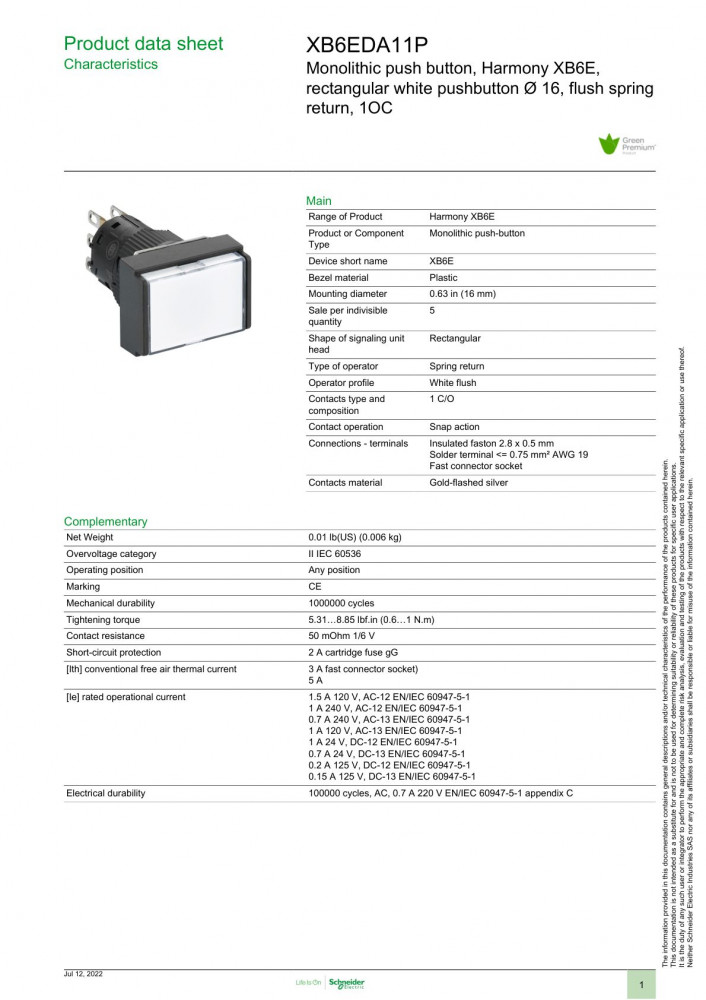 XB6EDA11P technical document page 1