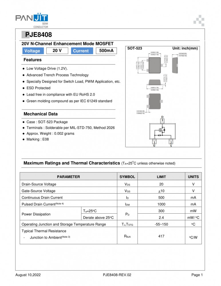PJE8408 datasheet page 1