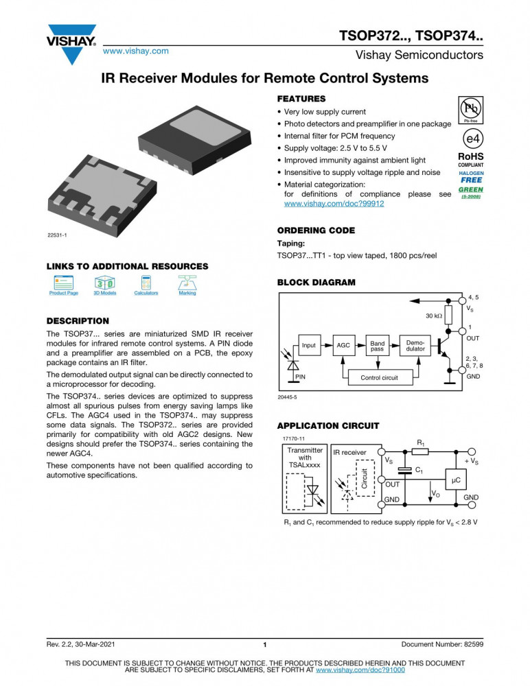 TSOP37238TT1 datasheet page 1