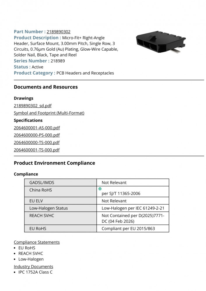 Technical document page 1 for MOLEX 2189890302
