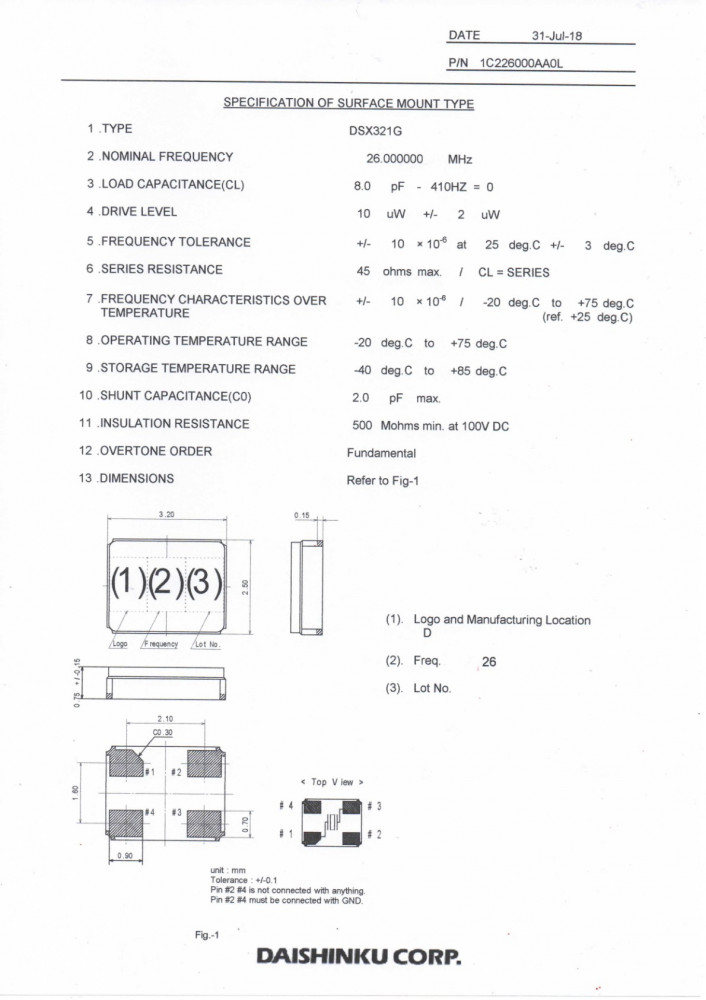 KDS 1C226000AA0L DSX321G specification drawing