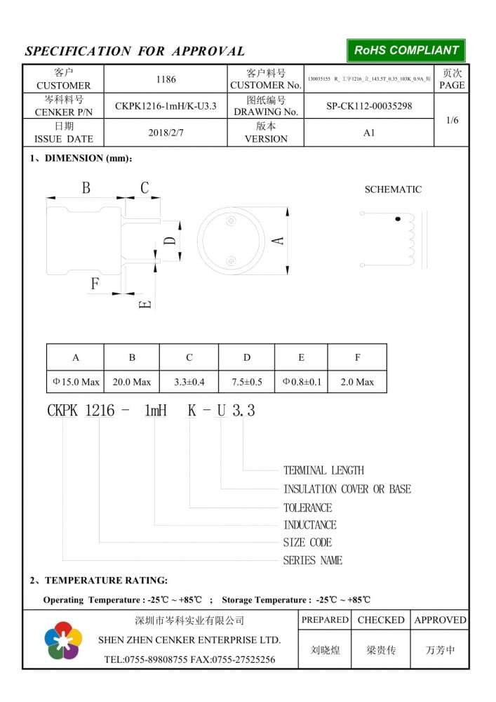CKPK1216-1mH/K-U3.3 approval document page 3