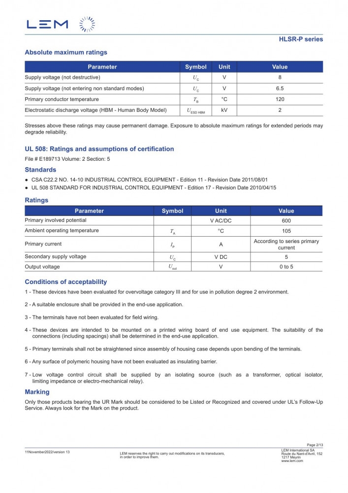 HLSR-P datasheet page 2
