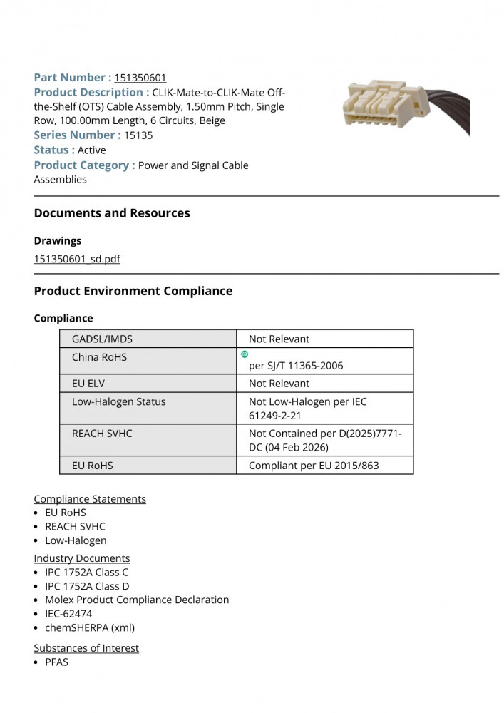 MOLEX 151350601 technical drawing preview, page 1
