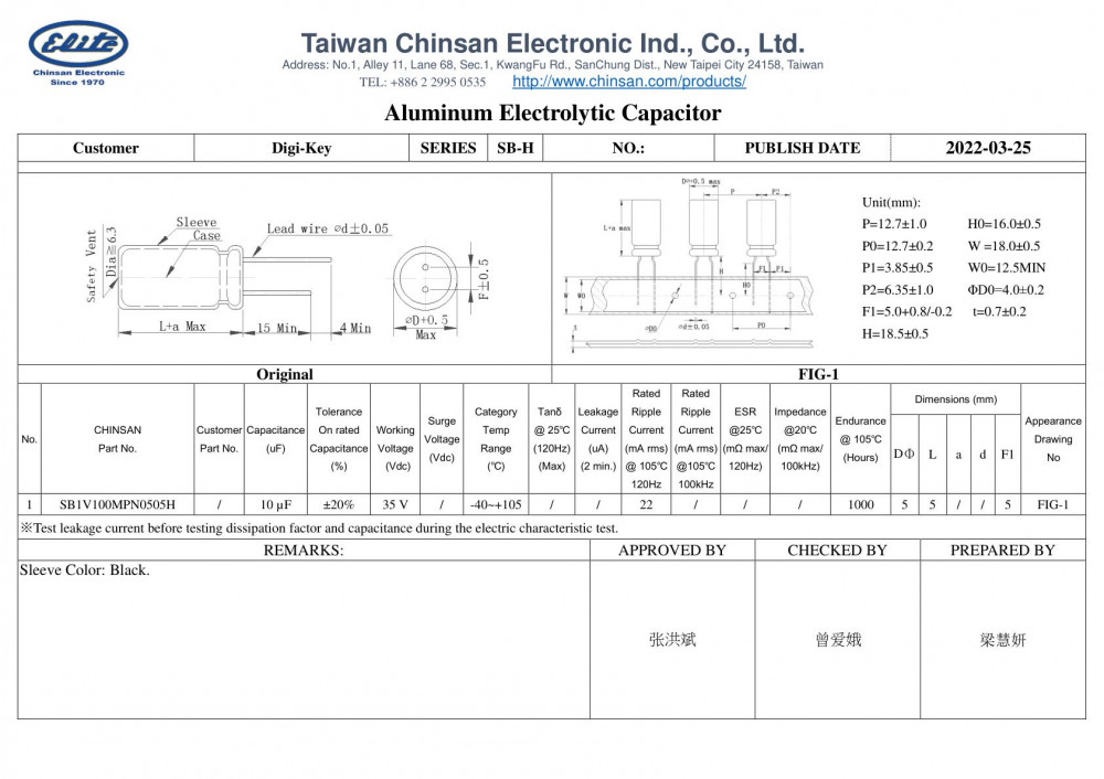 Chinsan SB-H package and tape information page