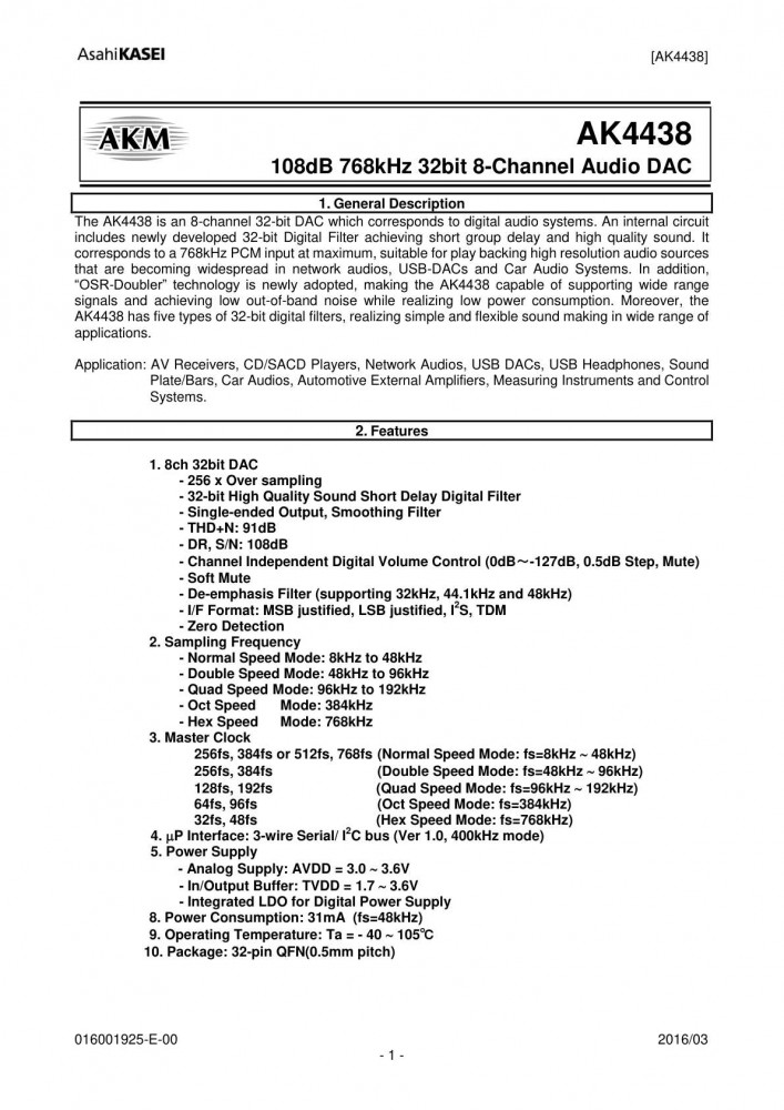 AK4438VN datasheet page 1