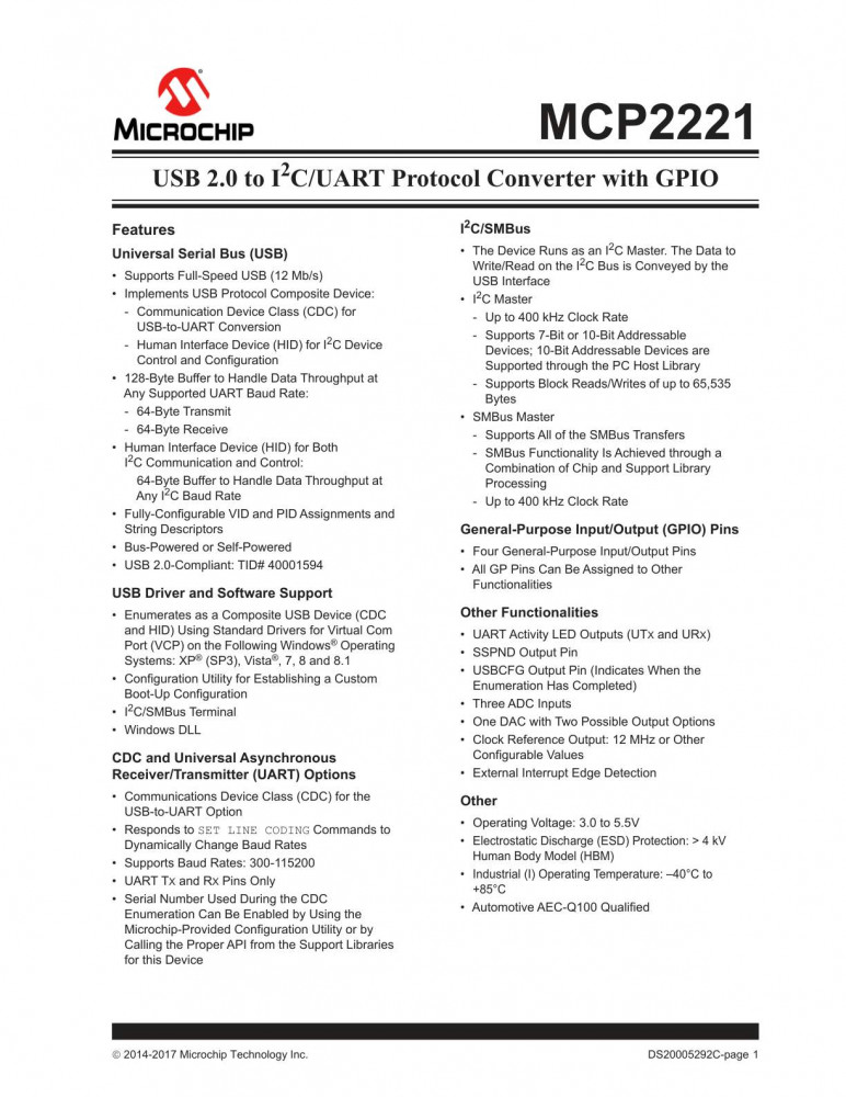 MCP2221 technical document page 1