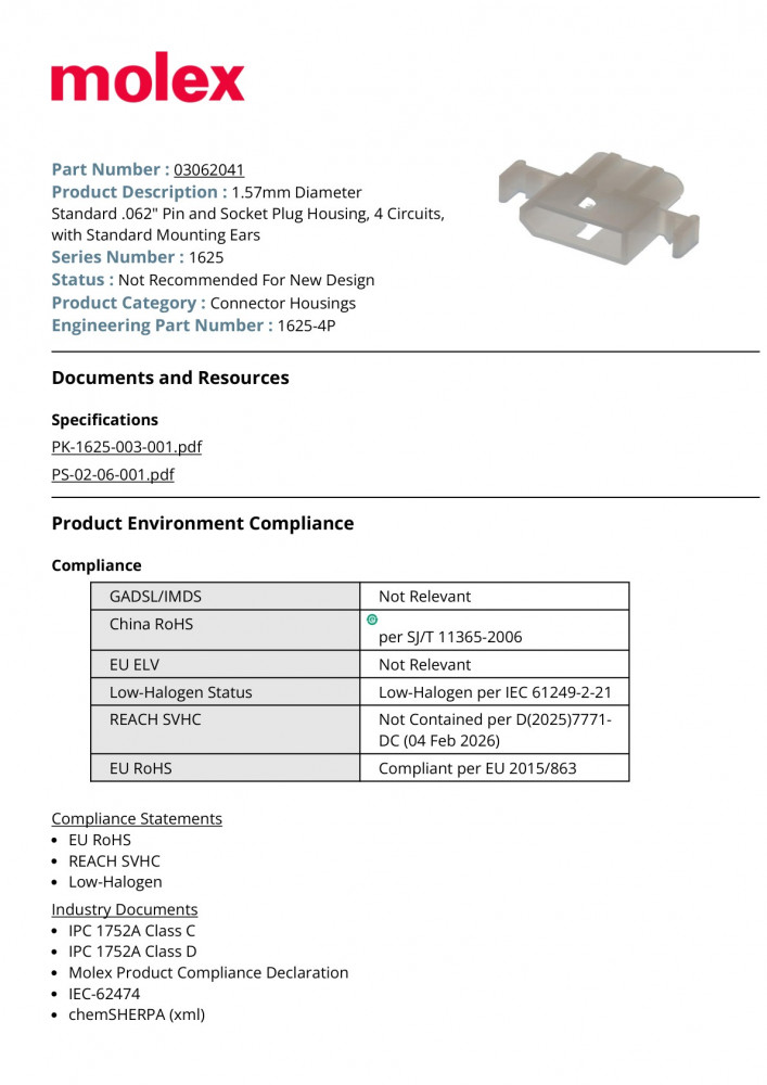 MOLEX 0.062 miniature connector specification, page 1