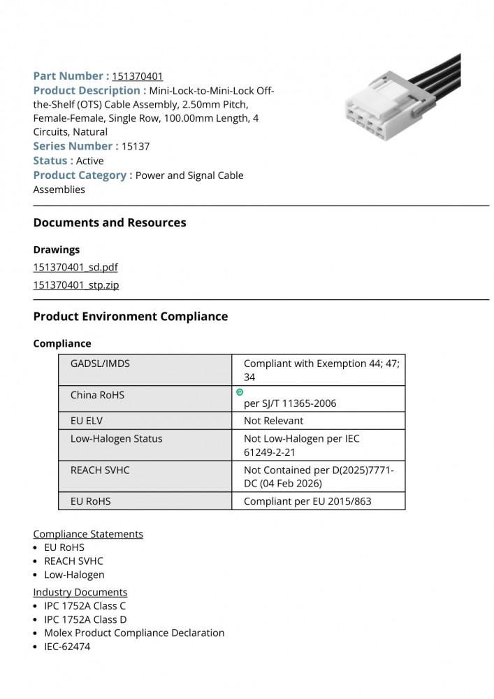 MOLEX 151370401 product document, page 1