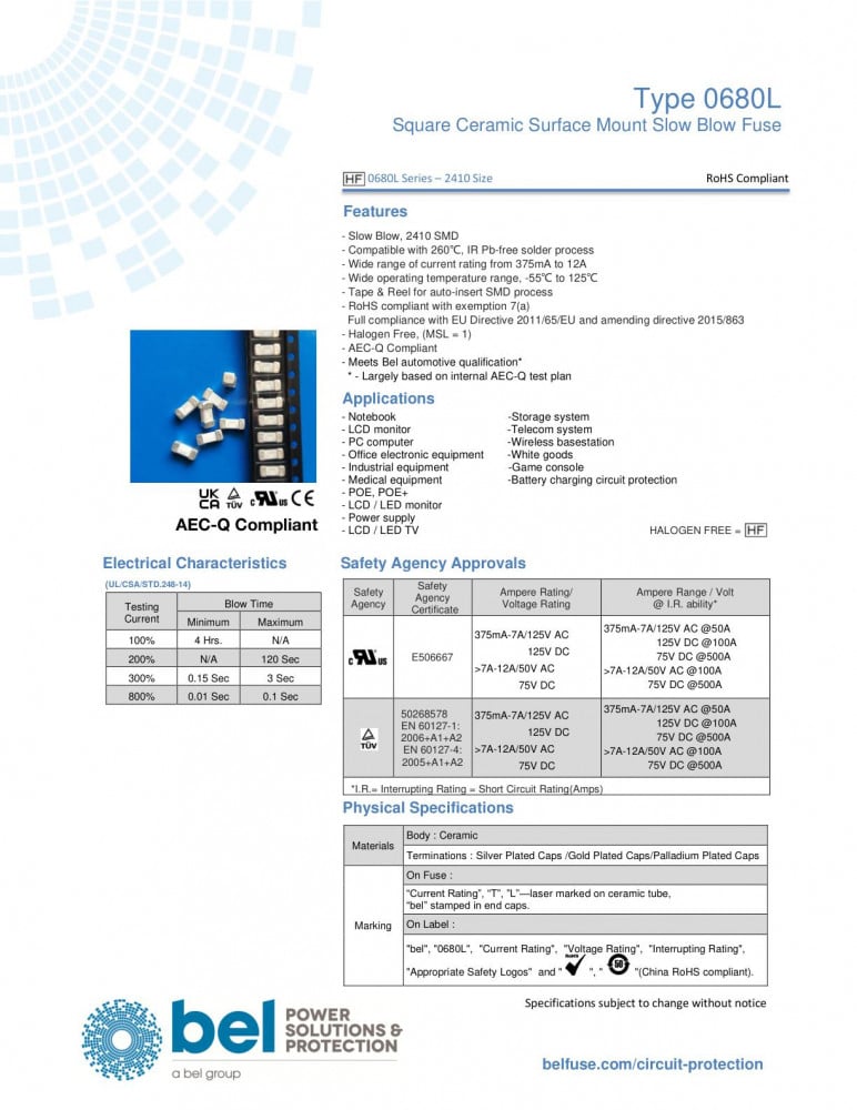 Bel Fuse 0680L datasheet page 1