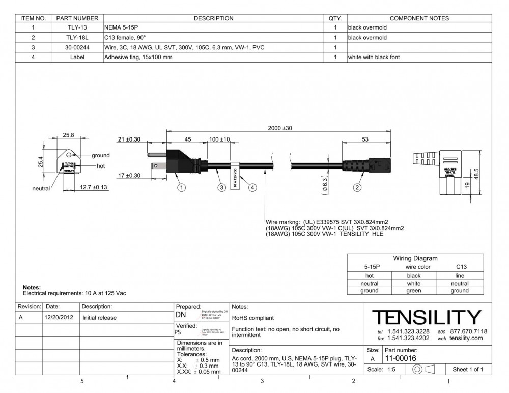 Tensility 11-00016 AC power cord assembly drawing