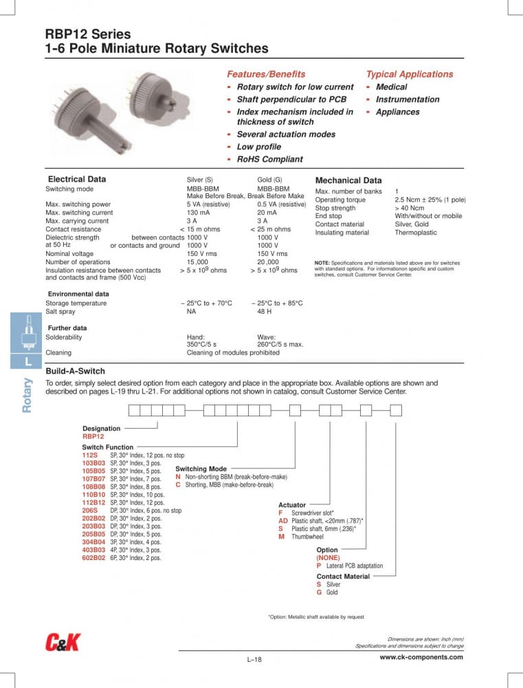 C&K RBP12 rotary switch technical document page 1