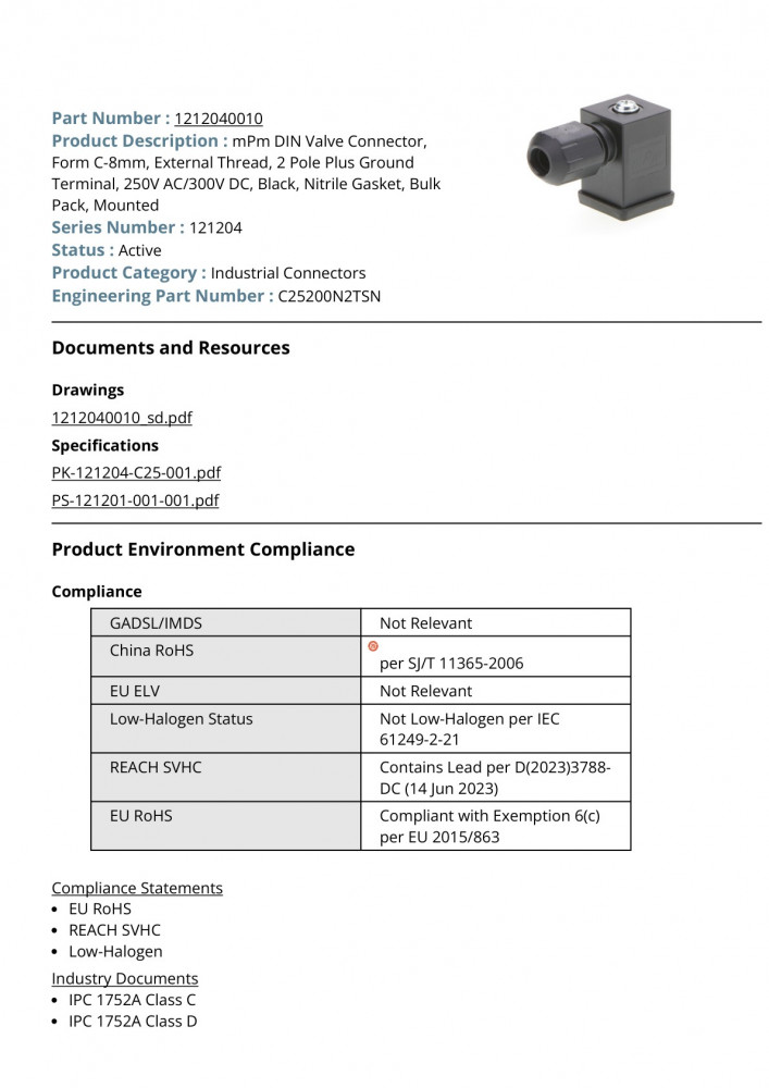 MOLEX DIN valve connectors specification, page image 1