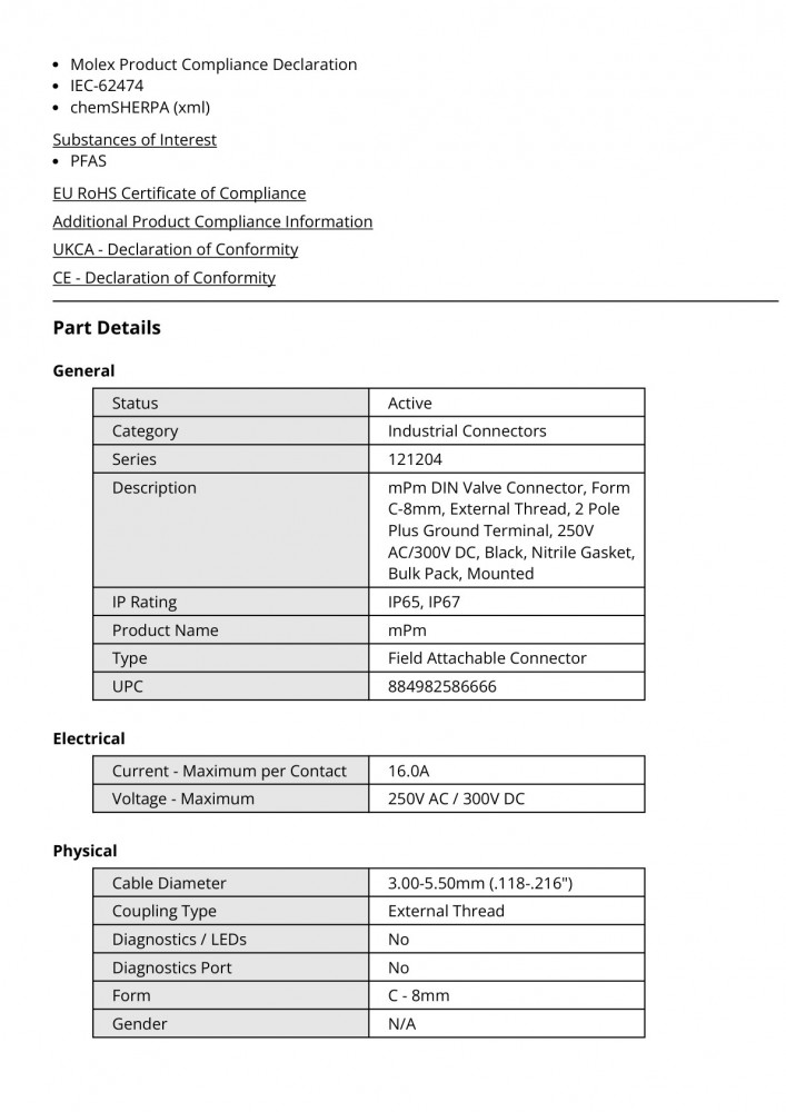 MOLEX DIN valve connectors specification, page image 2
