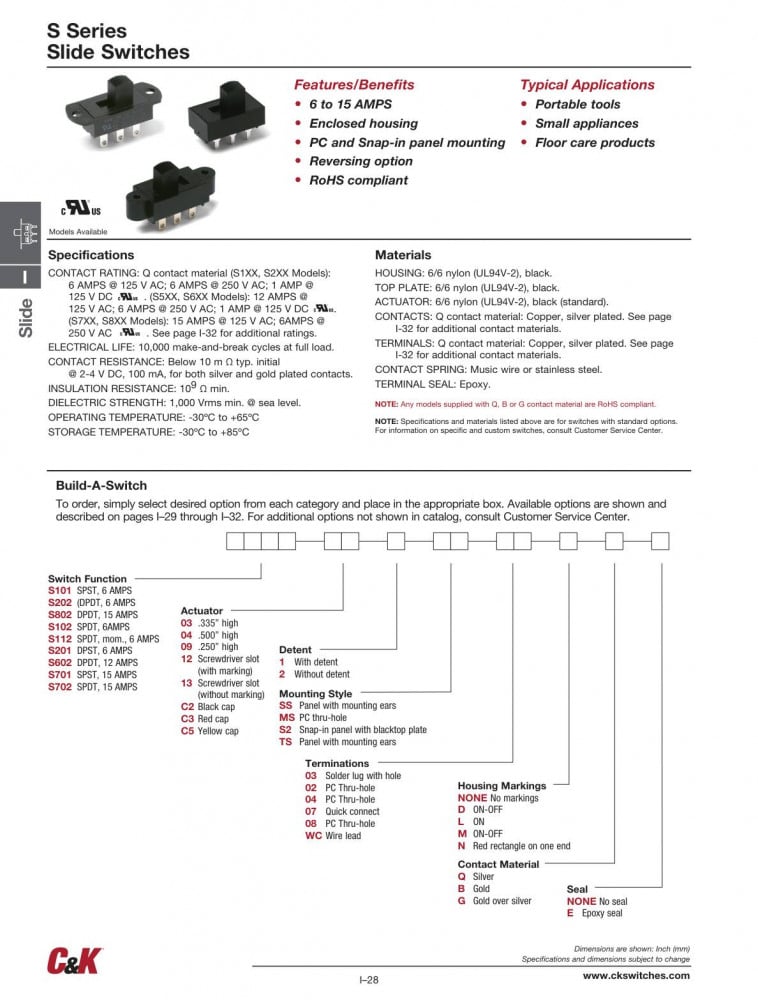 C&K S Series slide switch documentation page 1