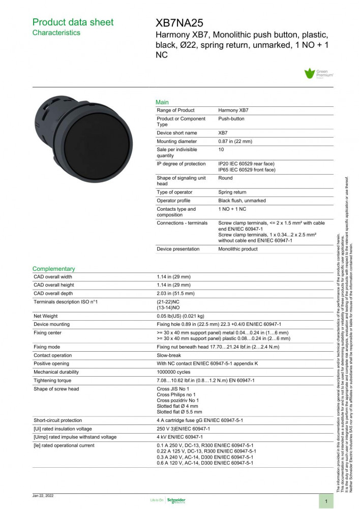 XB7NA25 technical document page 1