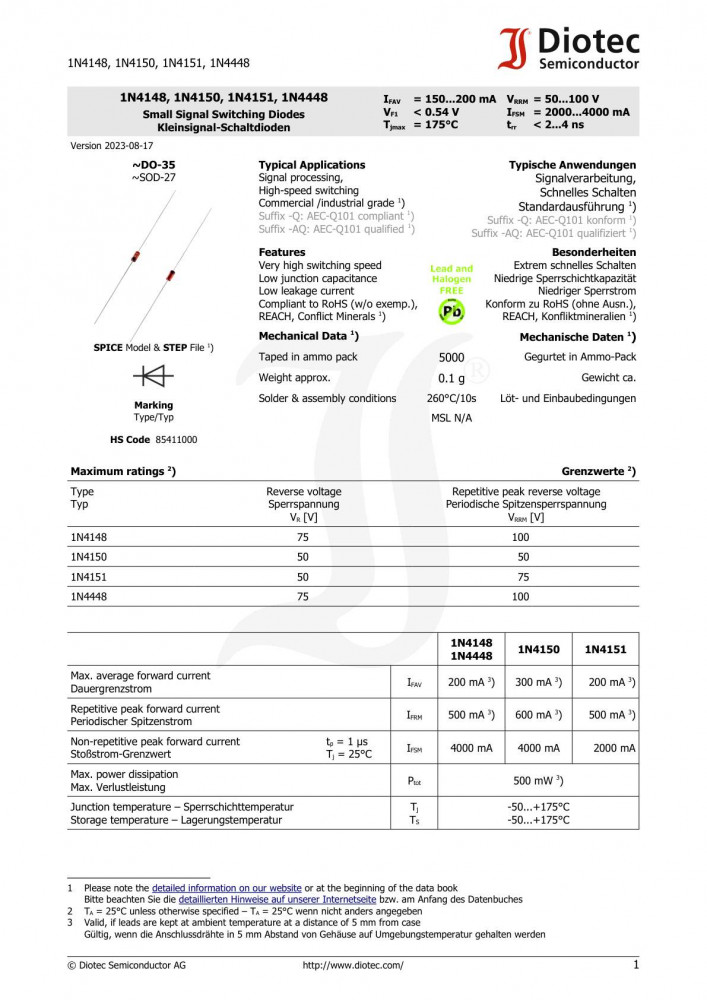 DIOTEC 1N4148 family datasheet page 1