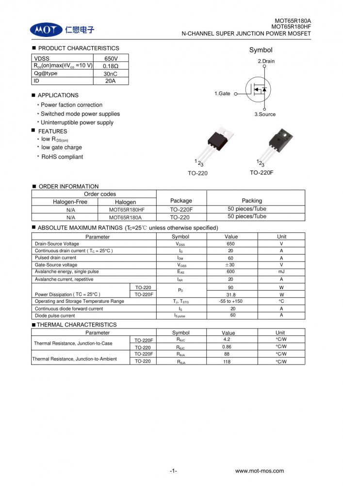MOT65R180HF datasheet page 1
