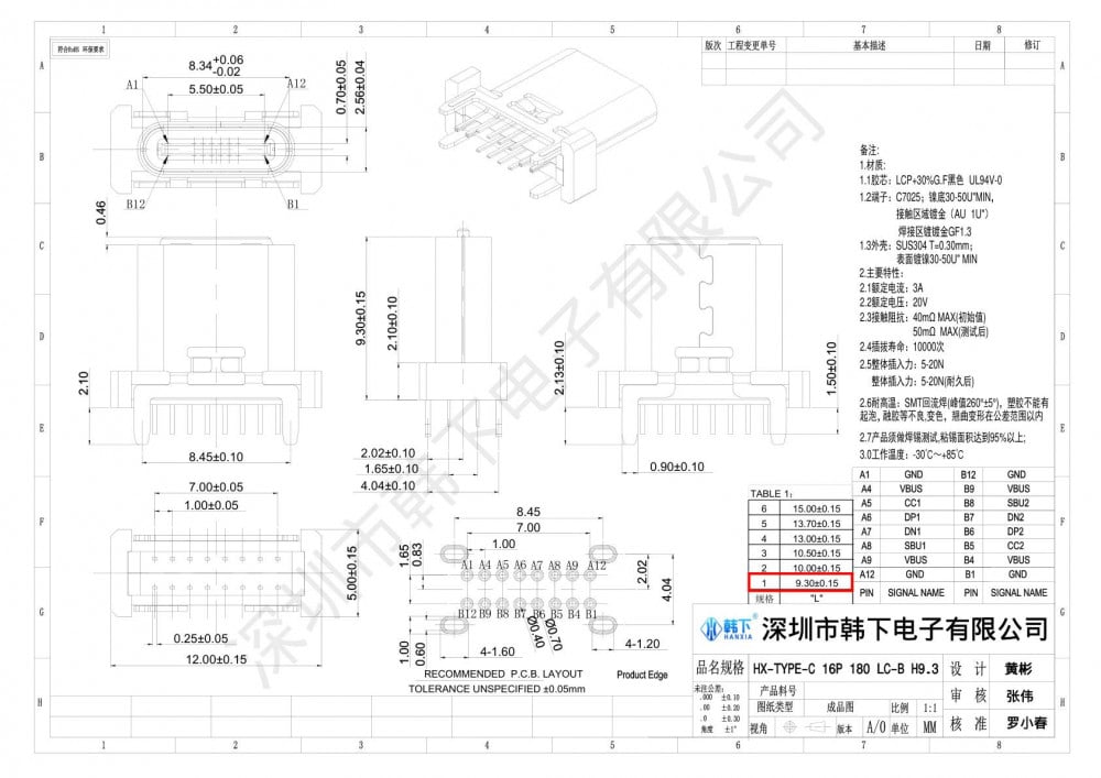 HX-TYPE-C 16P 180 LC-B H9.3 technical document preview