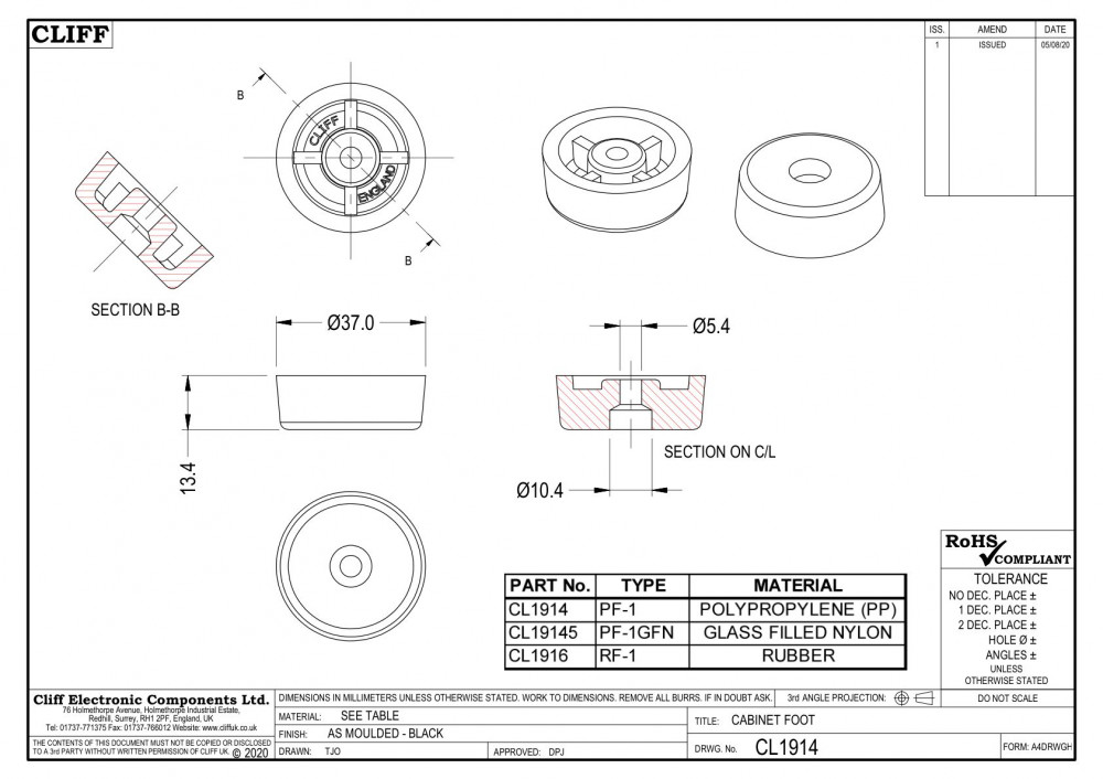 CL1914 Cliff cabinet foot manufacturer drawing