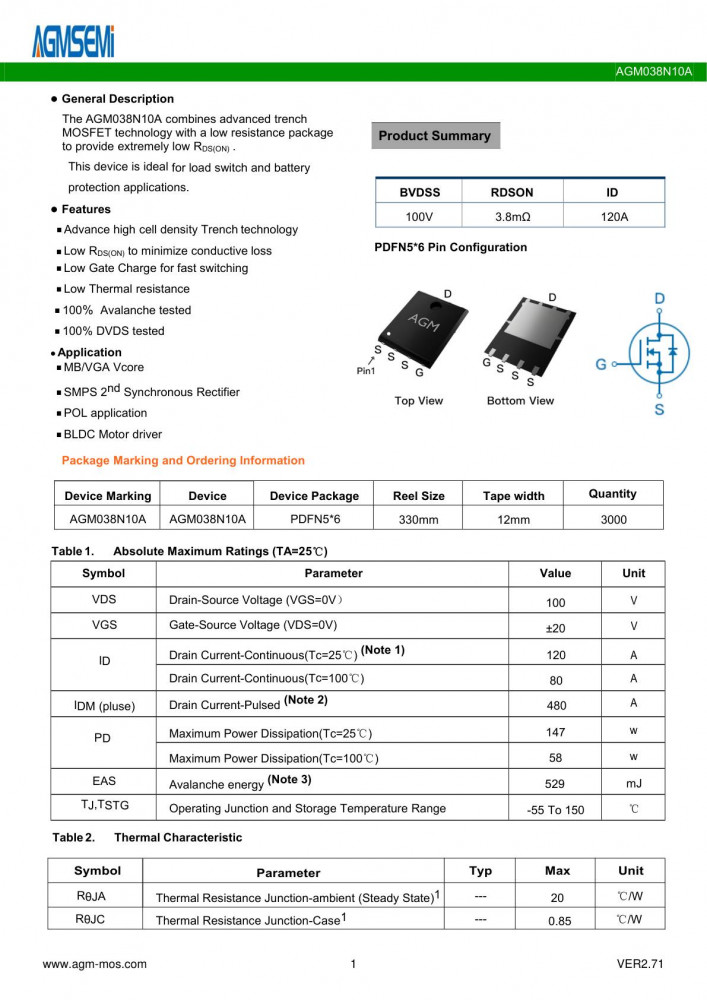 AGM038N10A datasheet page 1