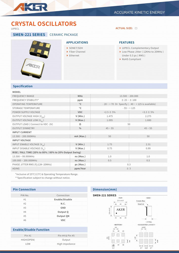AKER SMEN-221 SERIES product document page