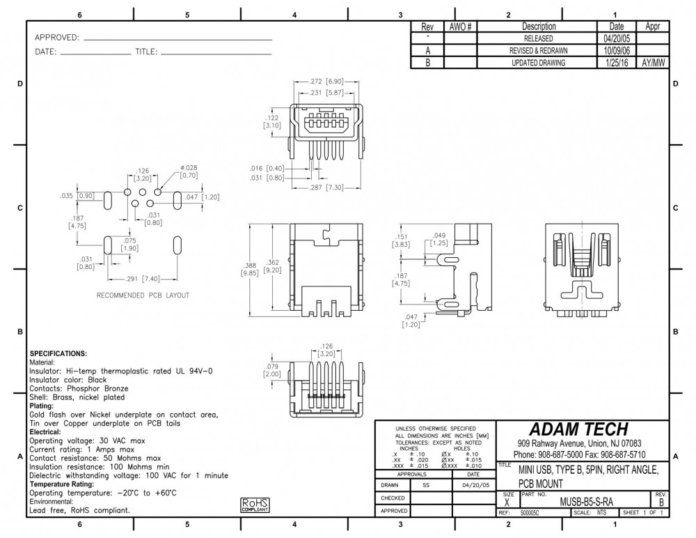 ADAM TECH MUSB-B5-S-RA Mini USB Type B right-angle PCB-mount connector drawing