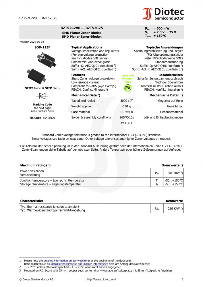 DIOTEC BZT52C2V0-AQ datasheet page 1