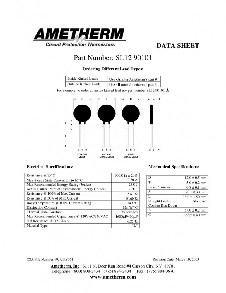 Ametherm SL12 90101 technical document