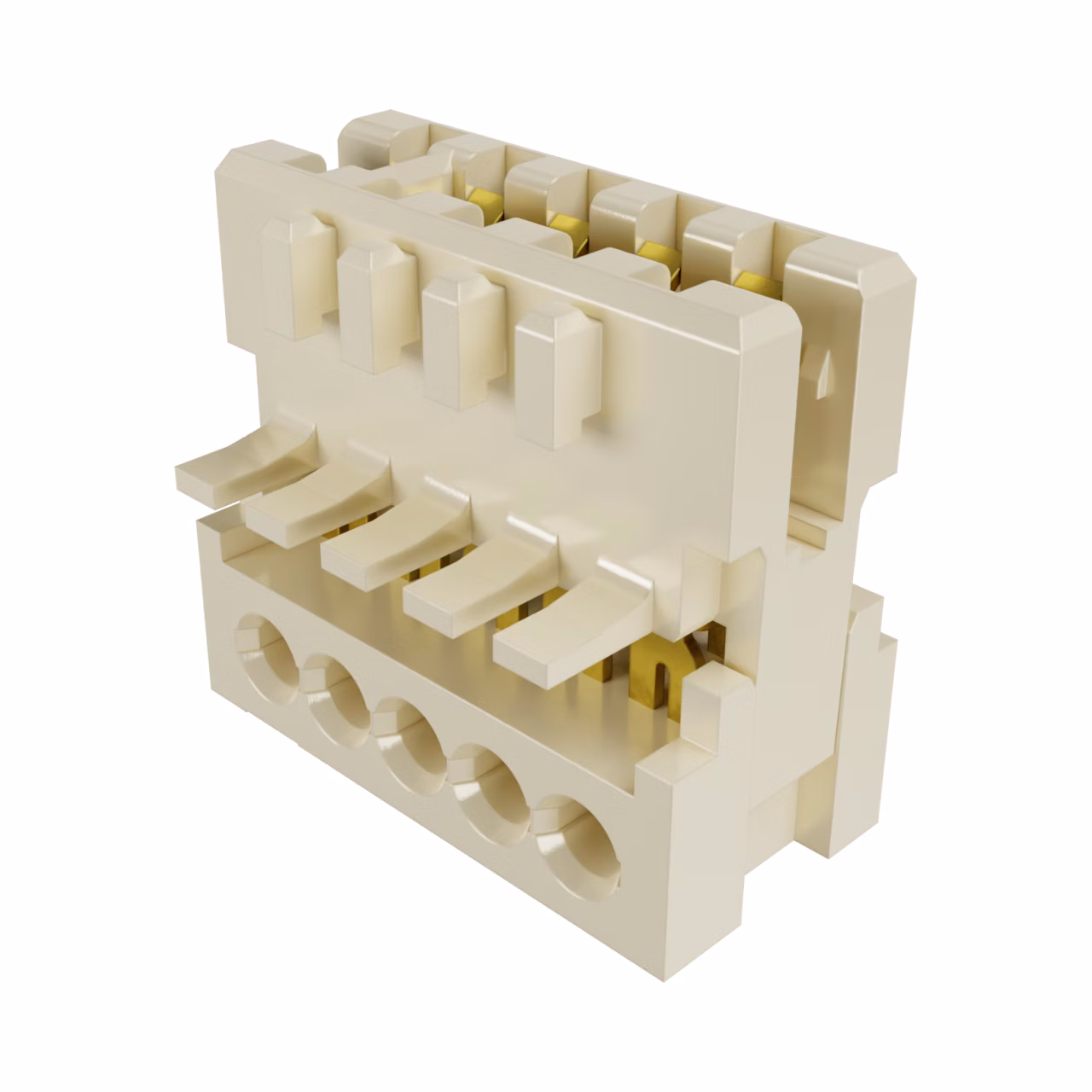 Appli-Mate RAST 2.5 Connector, 2.50mm Pitch, Female, 5 Circuits, Positions A and F Removed, Polarizing Rib Between 1/2, Locking Pips, Open Endwalls, Gold Plating for sale