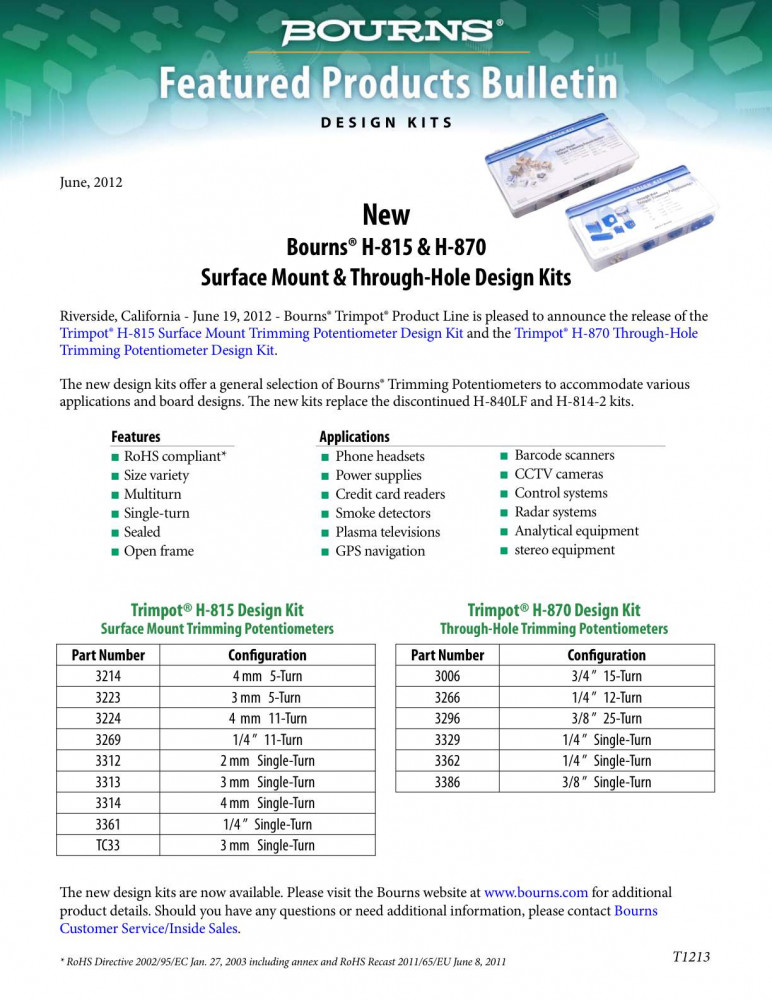 H-815 design kit product bulletin page