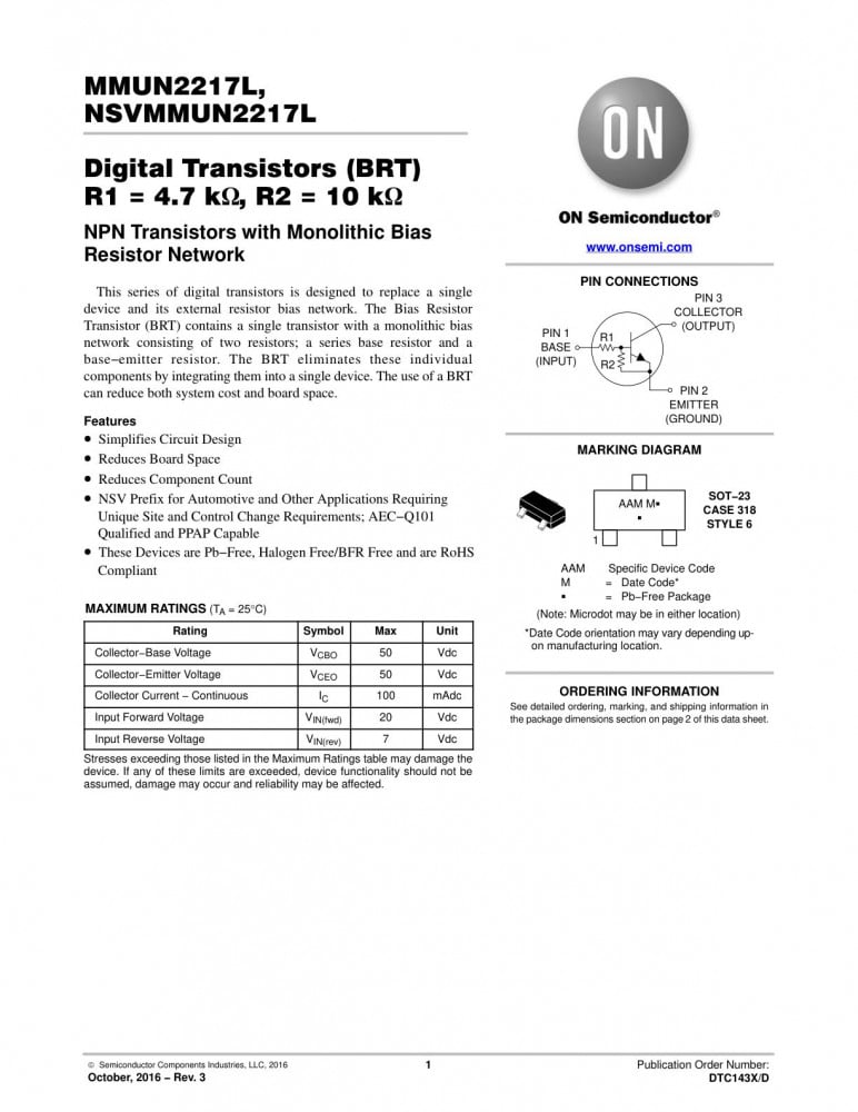 MMUN2217LT1G datasheet page 1