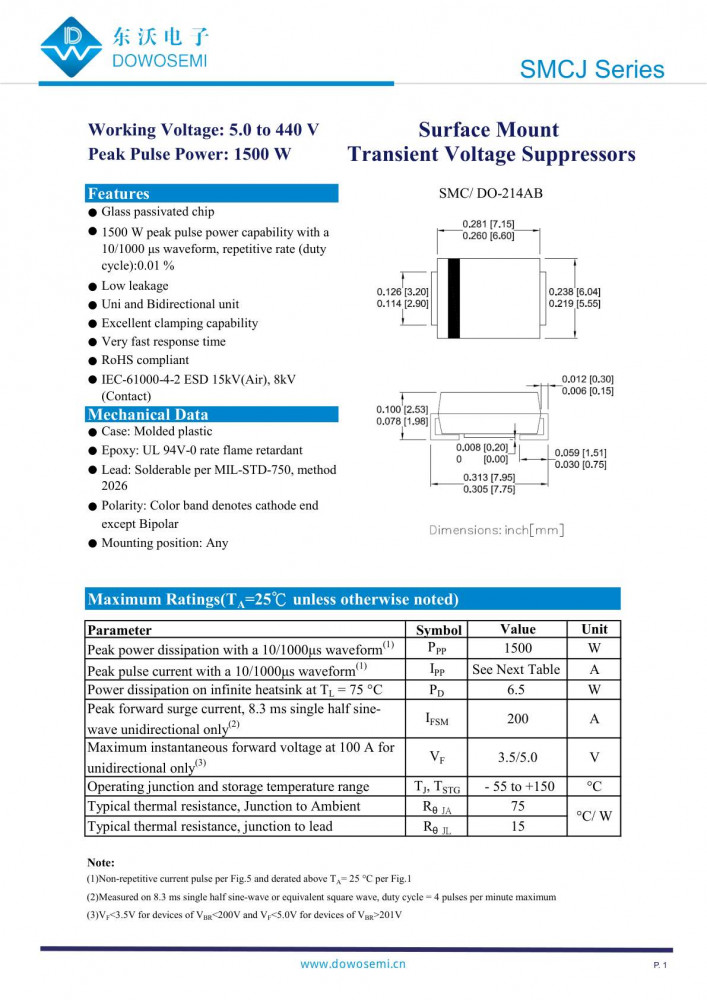 DOWO SMCJ series datasheet page 1