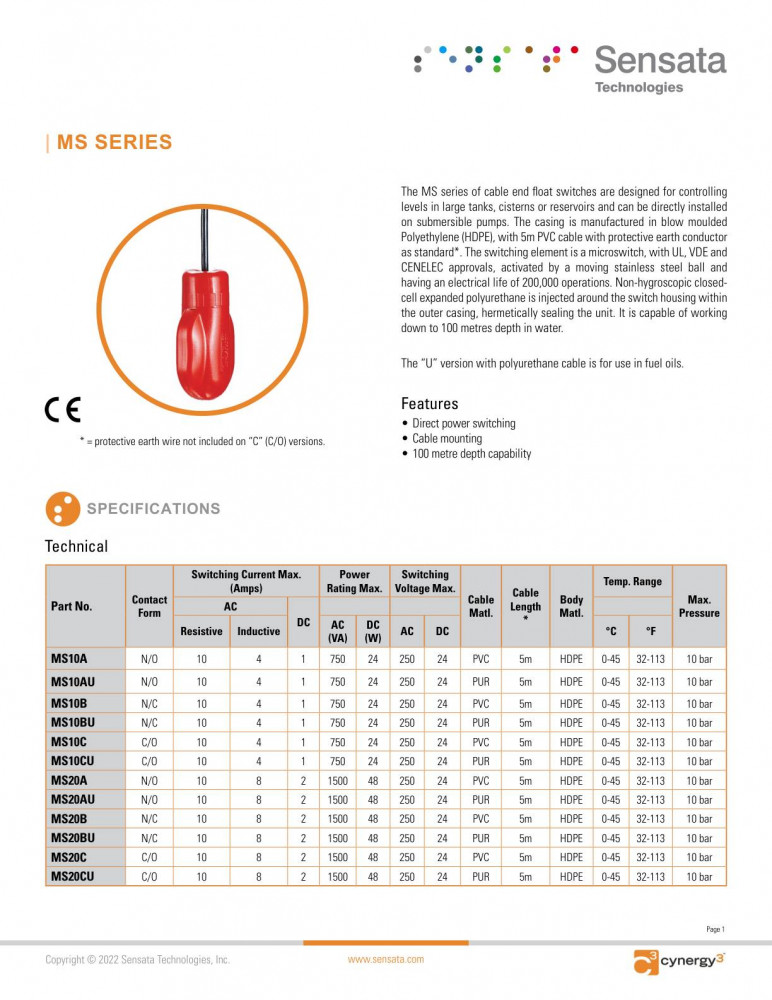 Sensata MS10CW technical document page 1
