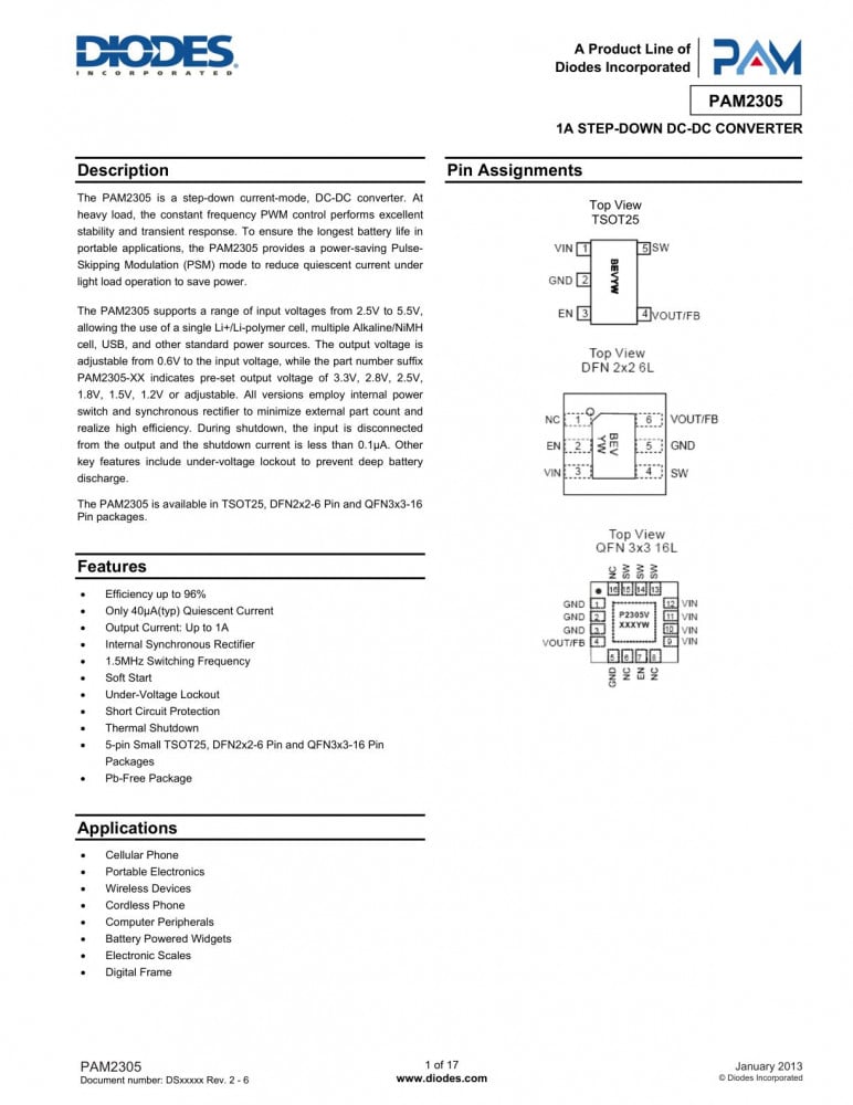PAM2305 datasheet page 1