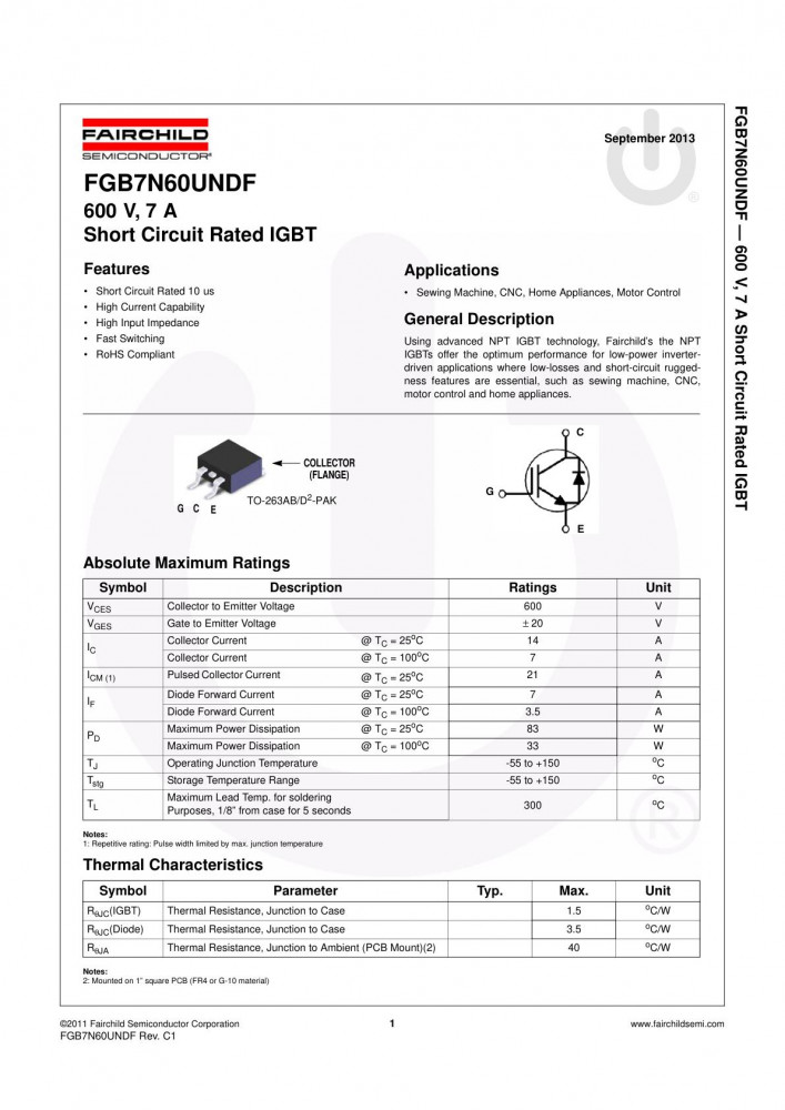 FGB7N60UNDF datasheet page 1