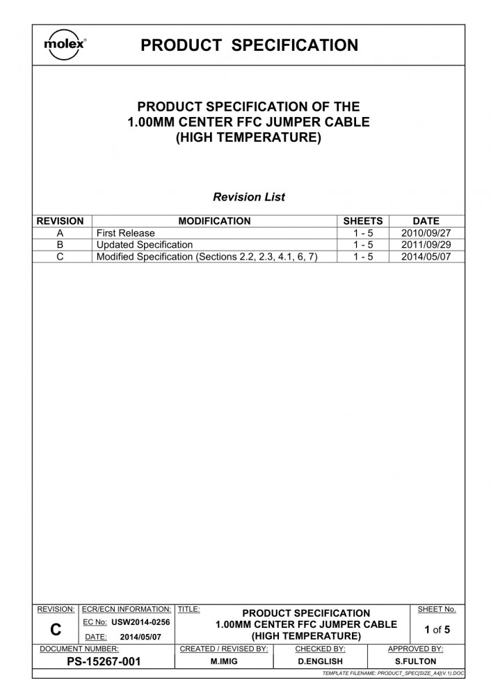 FFC jumper cable specification, page 1