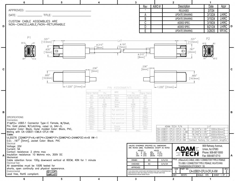 ADAM TECH USB Type-C cable assembly drawing, page 1