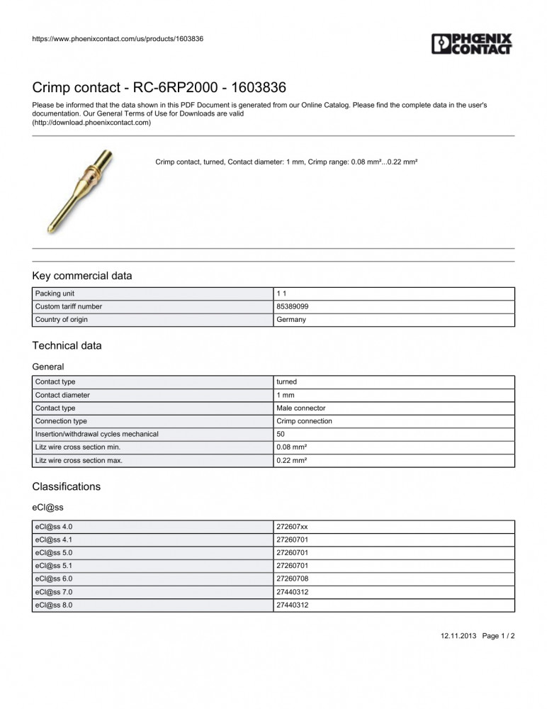 Phoenix Contact 1603836 RC-6RP2000 technical document page 1