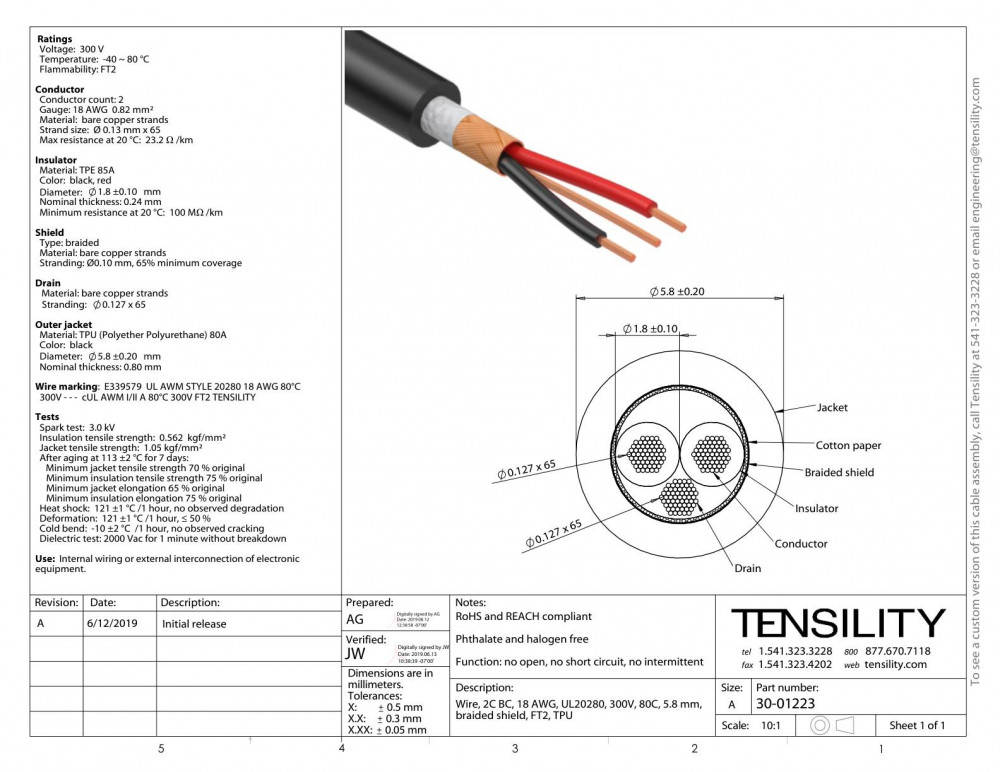 Tensility 30-01223 cable product drawing and technical notes