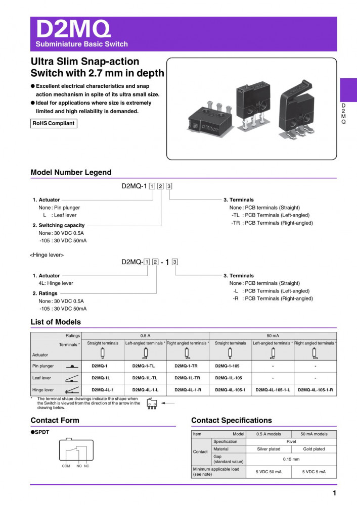 OMRON D2MQ datasheet page 1