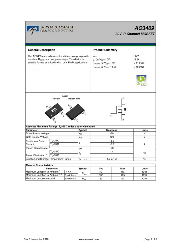 AO3409 datasheet page 1