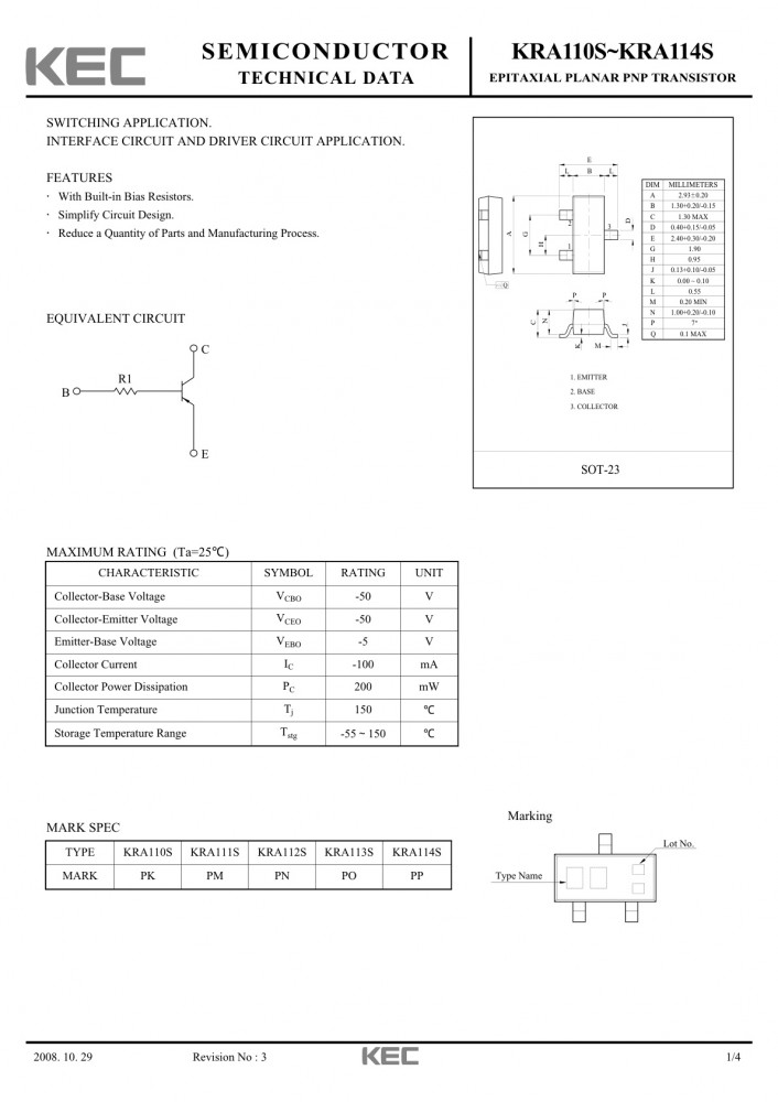 KEC KRA110S datasheet page 1