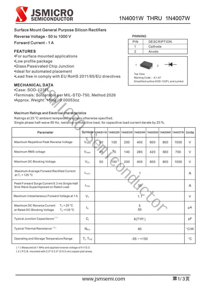 1N4007W A7 datasheet page 1
